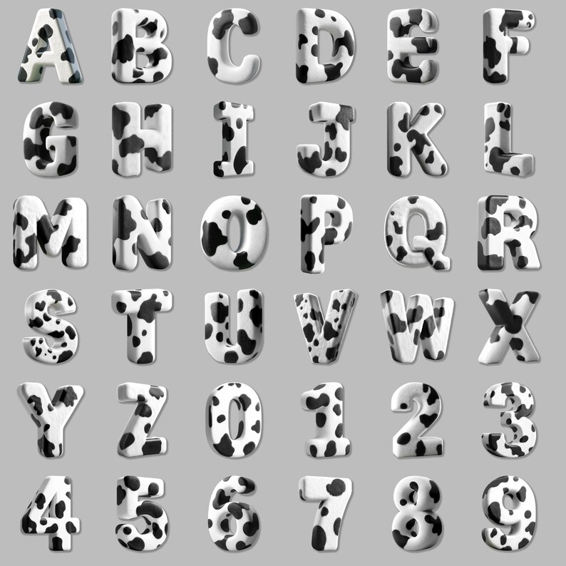 Cow Font Letters, Farm Alphabet Set, PNG Doodle Letter Font, Alpha Clip ...