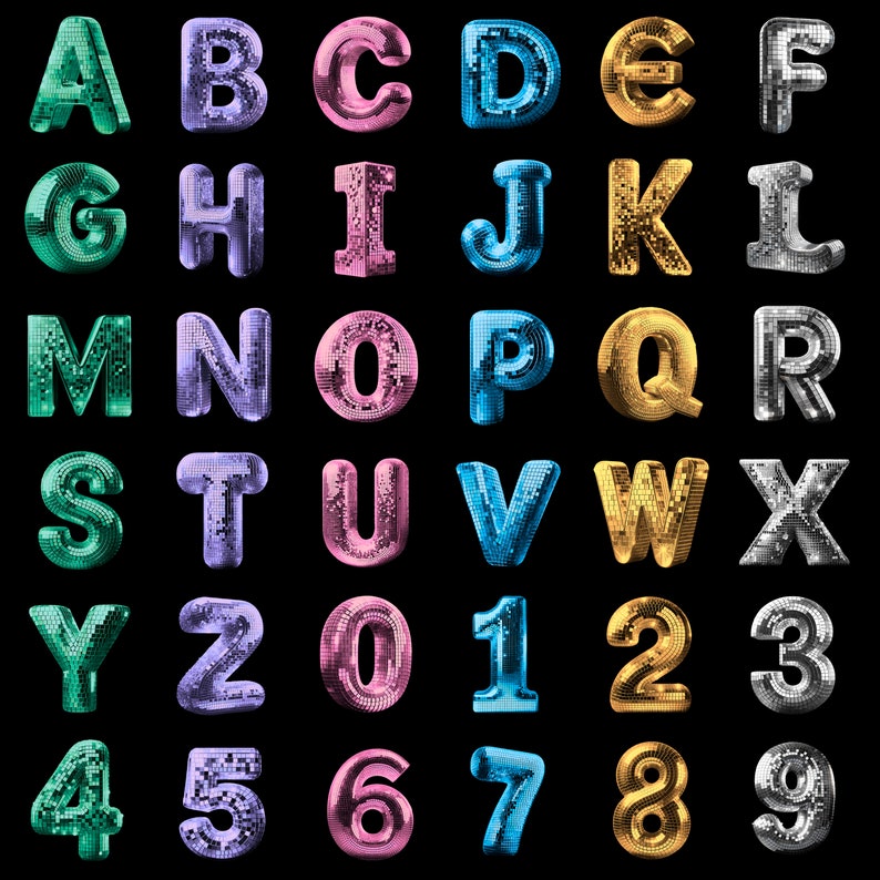 Disco Ball PNG 3D Alphabet Clip Art: Colorful Sparkly Clipart Letters ...