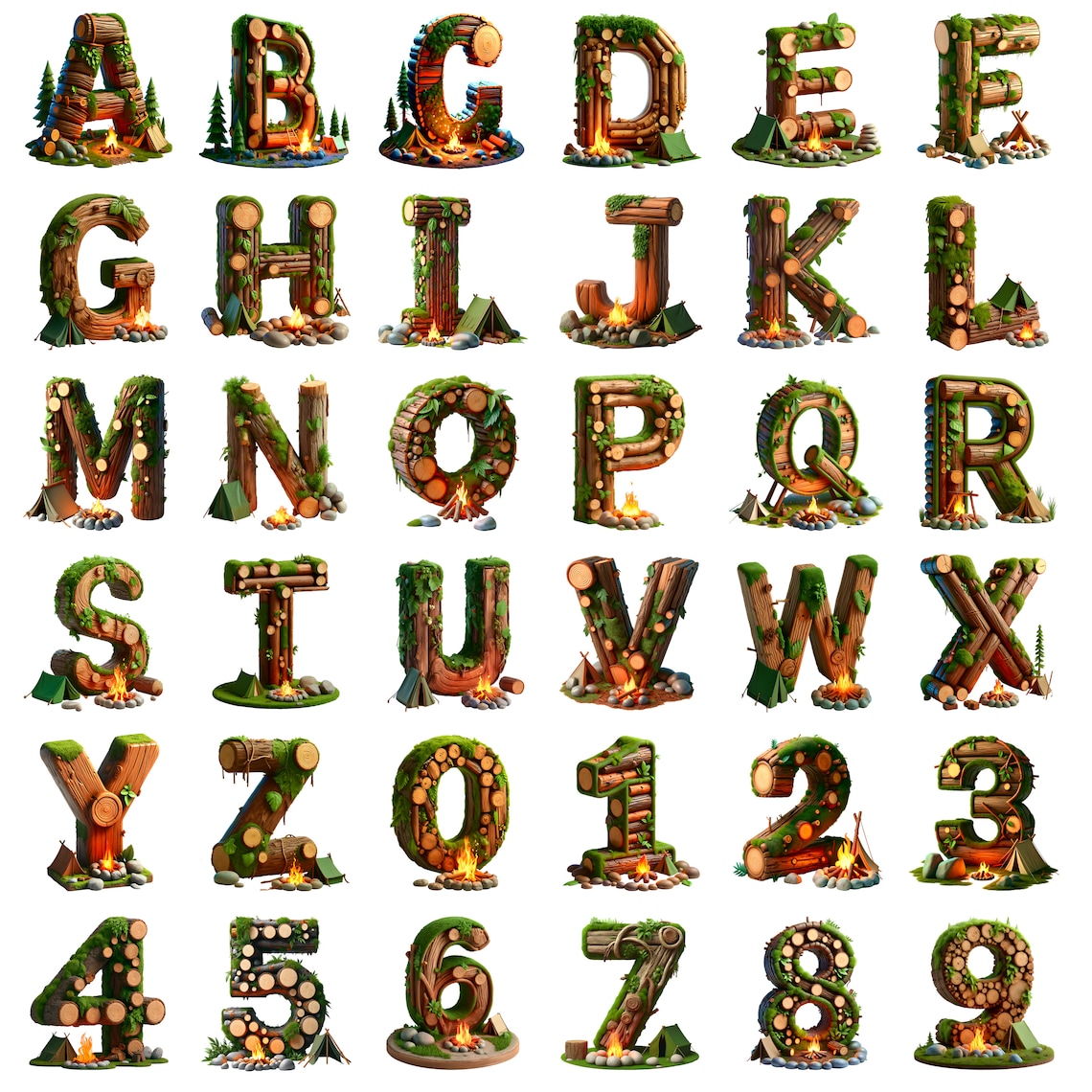 Camping Font 3D PNG Letters, Summer Camp Alphabet Set, Camper Doodle ...