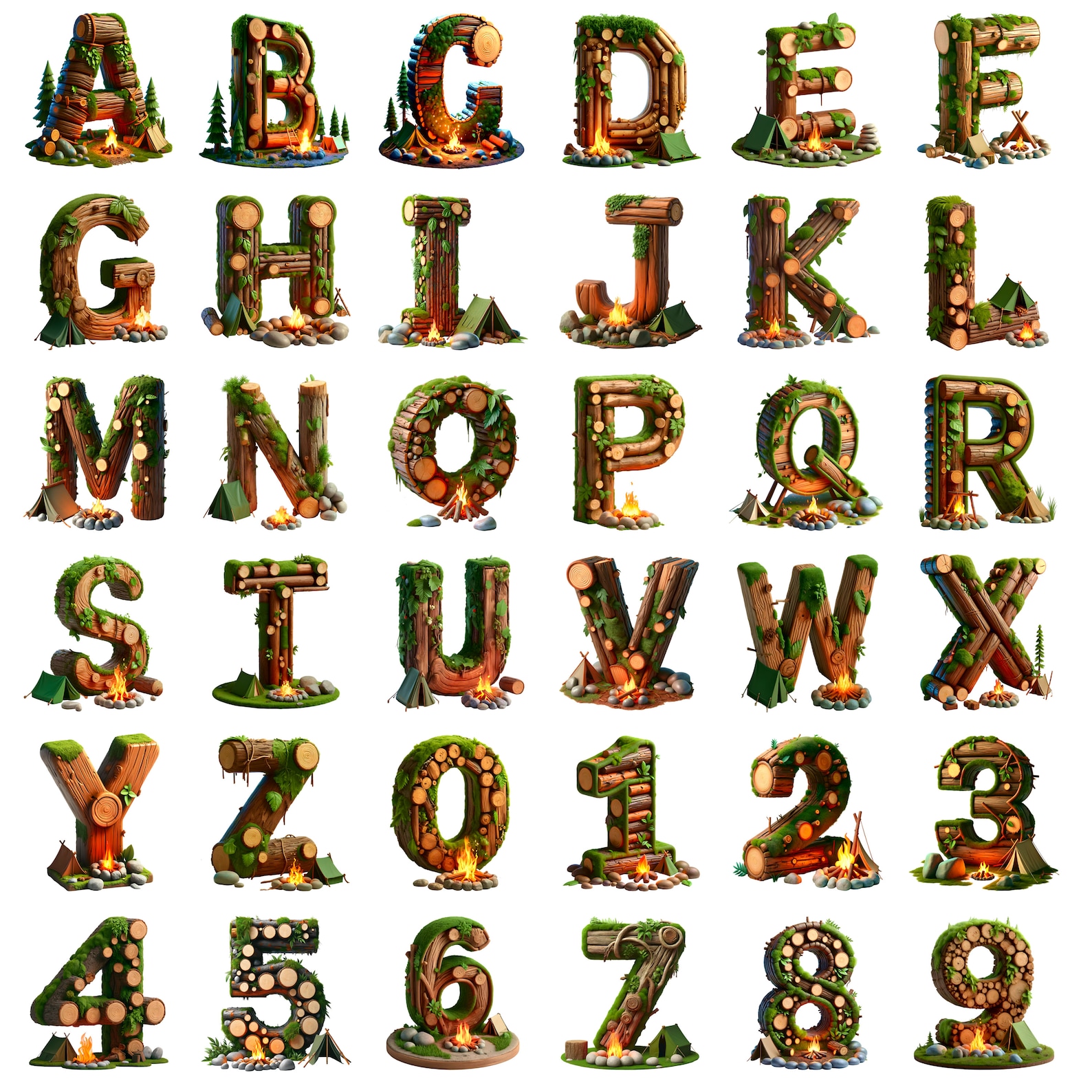 Camping Font 3D PNG Letters, Summer Camp Alphabet Set, Camper Doodle ...