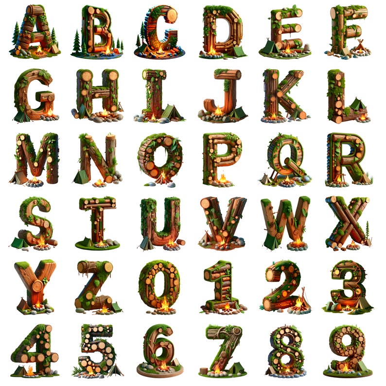Camping Font 3D PNG Letters, Summer Camp Alphabet Set, Camper Doodle ...