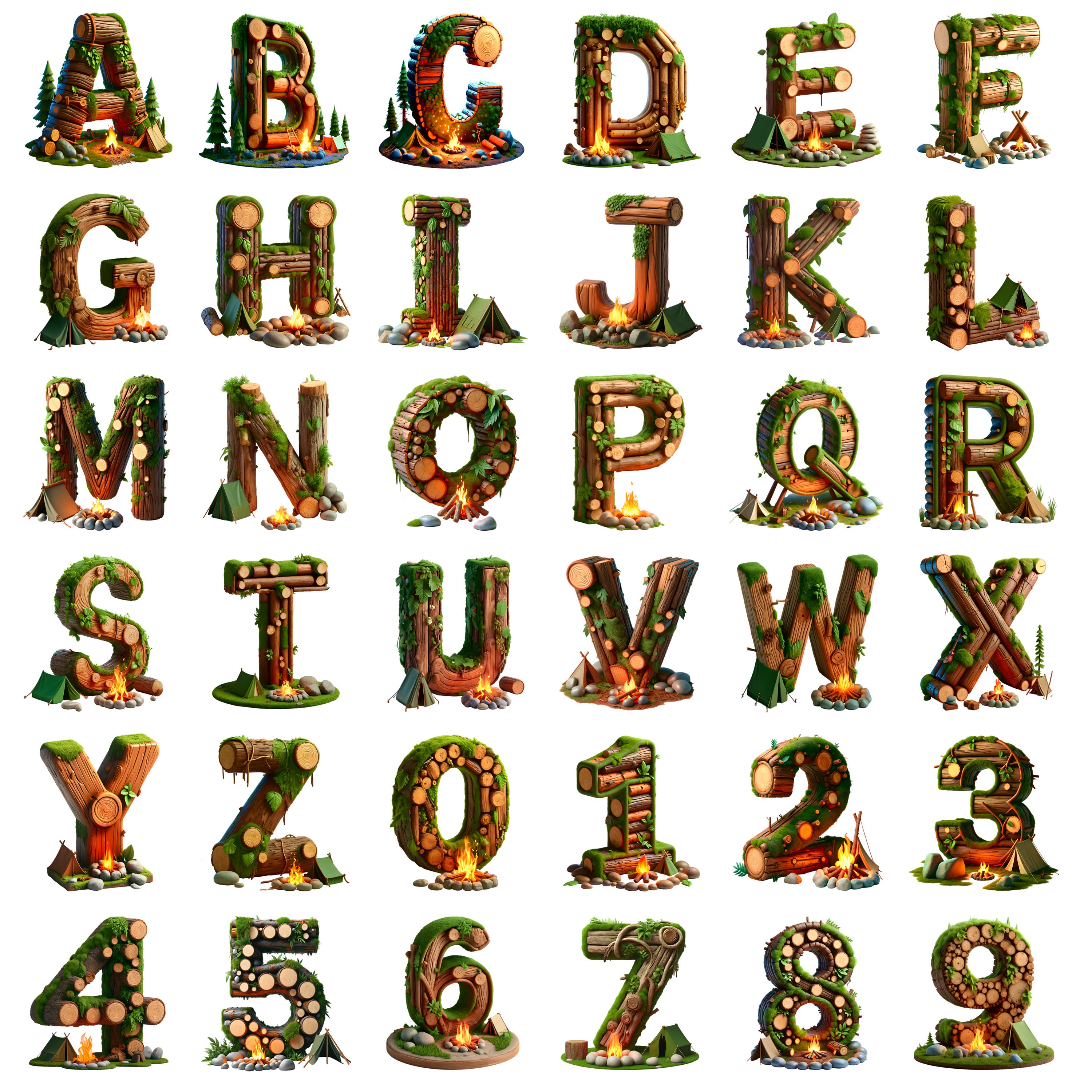 Camping Font 3D PNG Letters, Summer Camp Alphabet Set, Camper Doodle ...