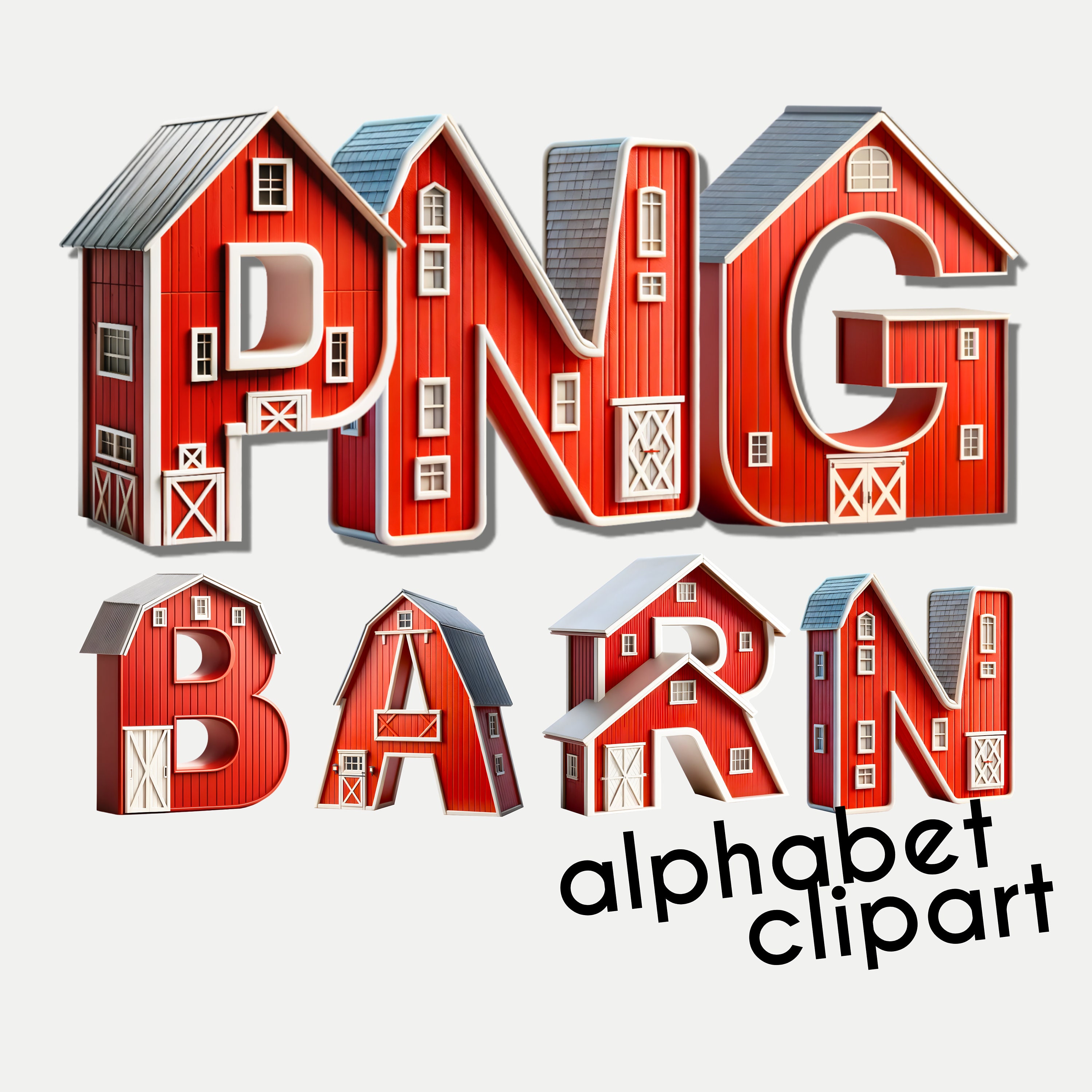 Farm Font Letters for Birthday Invites, Red Barn Alphabet Set, PNG ...