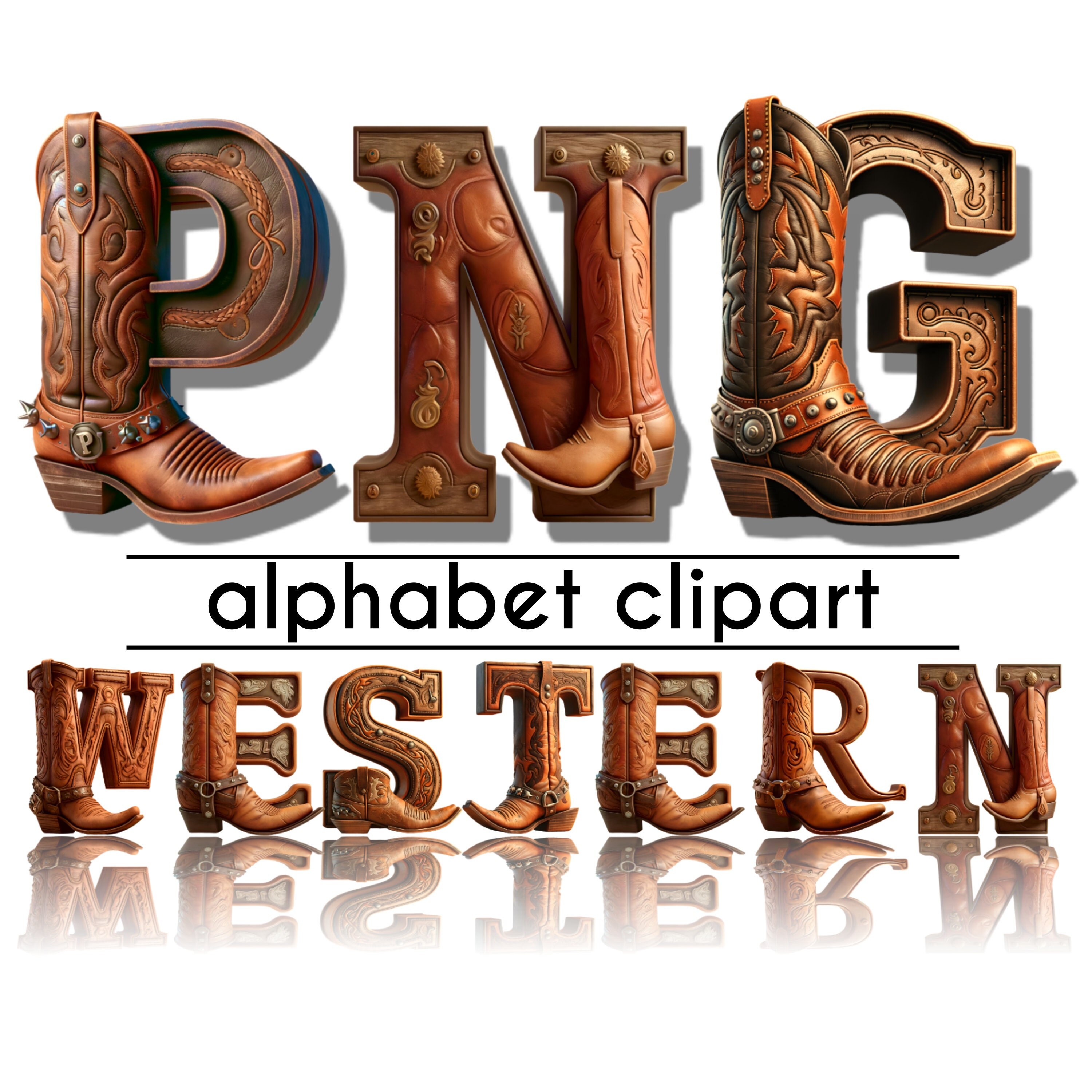 Western Font 3D PNG Letters, Cowboy Alphabet Set, Cowgirl Doodle Letter ...
