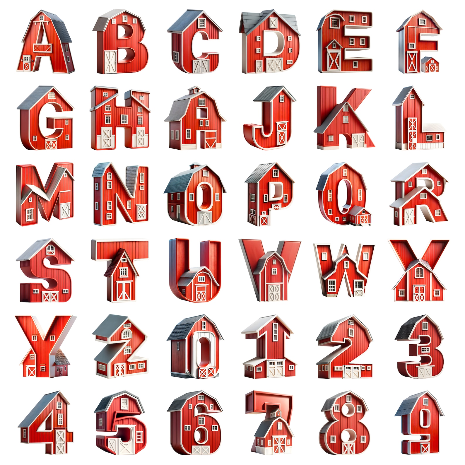 Farm Font Letters for Birthday Invites, Red Barn Alphabet Set, PNG ...