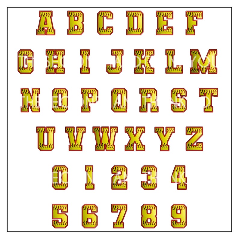 Softball Alphabet PNG Letters and Numbers | 3D Yellow Red Font Clipart ...