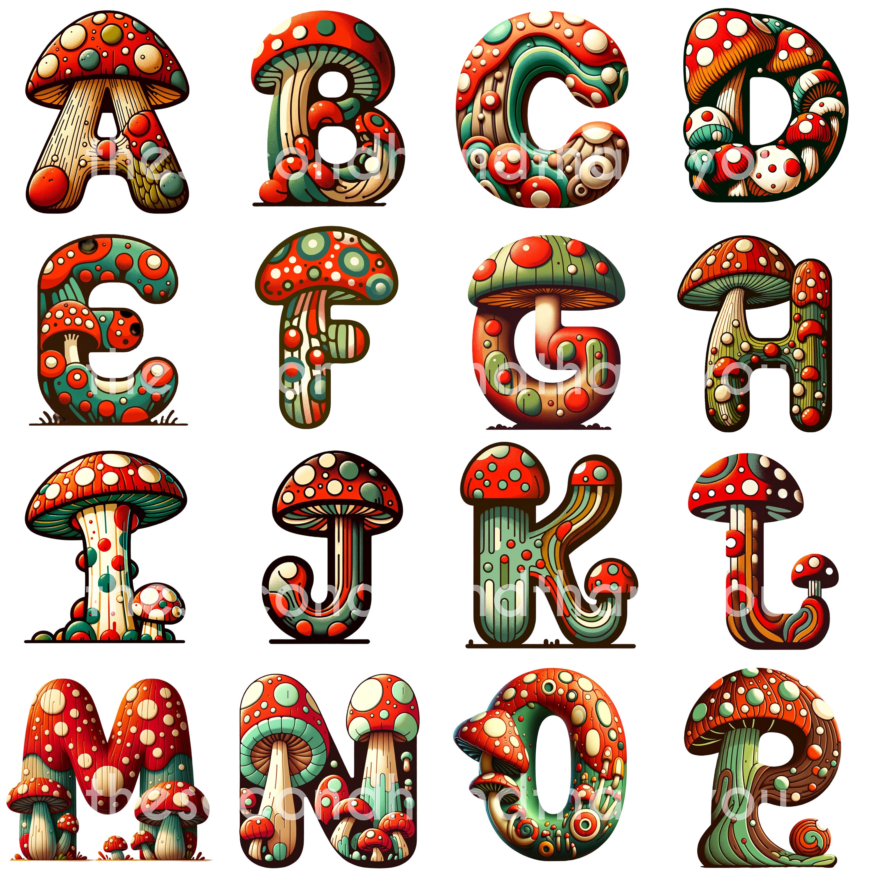 Mushroom Font, Mushroom Clipart, Mushroom PNG, Doodle Font, Retro Clipart, Retro Font, Digital ...