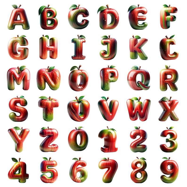 Apple Alphabet, Apple PNG, Doodle Letters, Doodle Font, 3D Letters ...