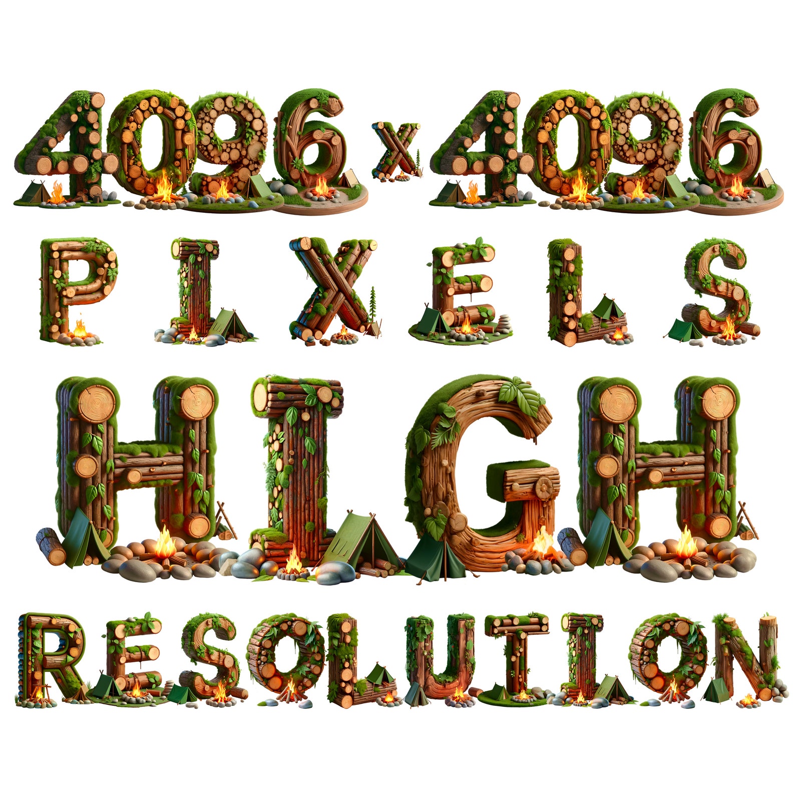 Camping Font 3D PNG Letters, Summer Camp Alphabet Set, Camper Doodle ...