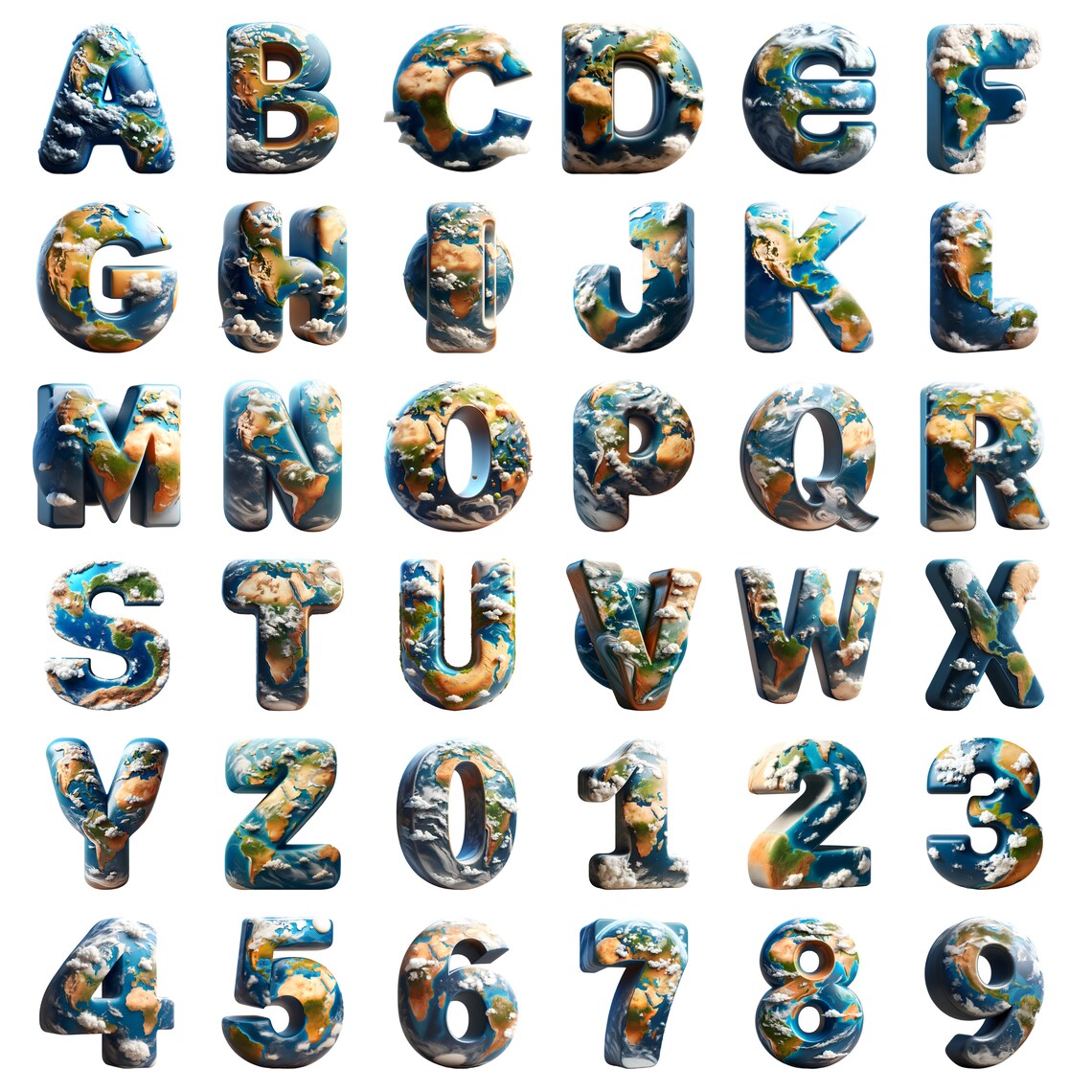 Earth Font Letters, Alphabet Set, PNG Doodle Letter Font, Alpha Clip ...