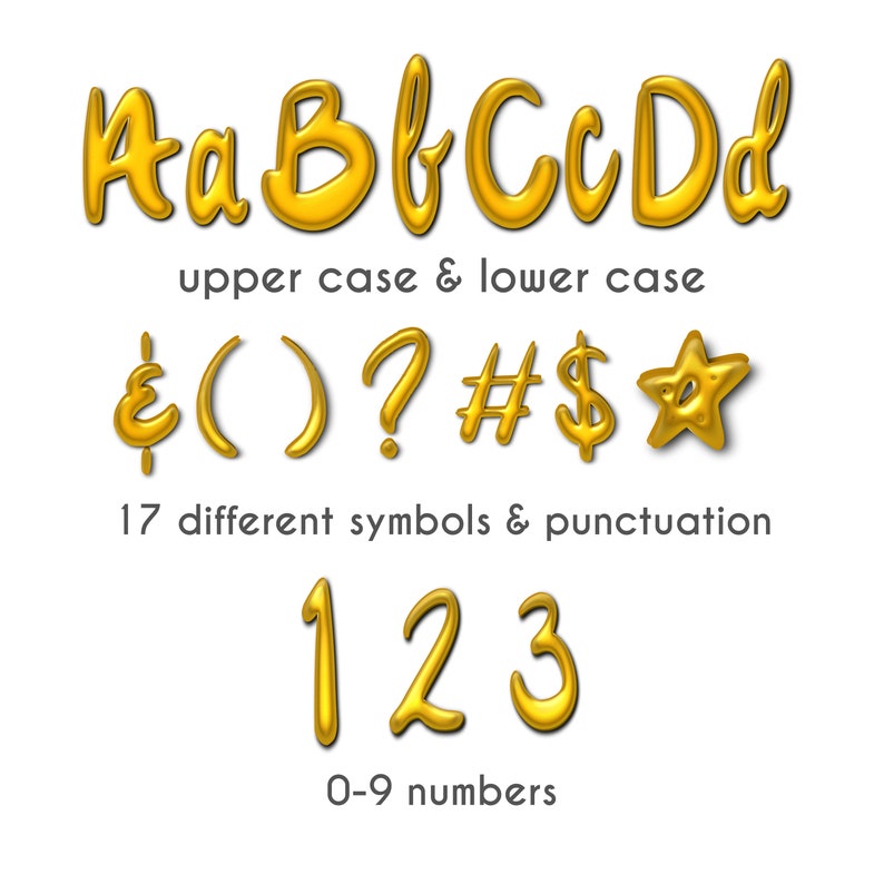 Gold Glossy Script Alphabet Font: 3D PNG Inflated Letters, Handwritten ...