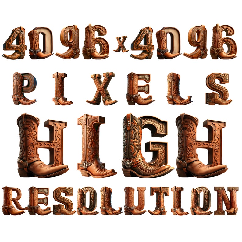 Western Font 3D PNG Letters, Cowboy Alphabet Set, Cowgirl Doodle Letter ...
