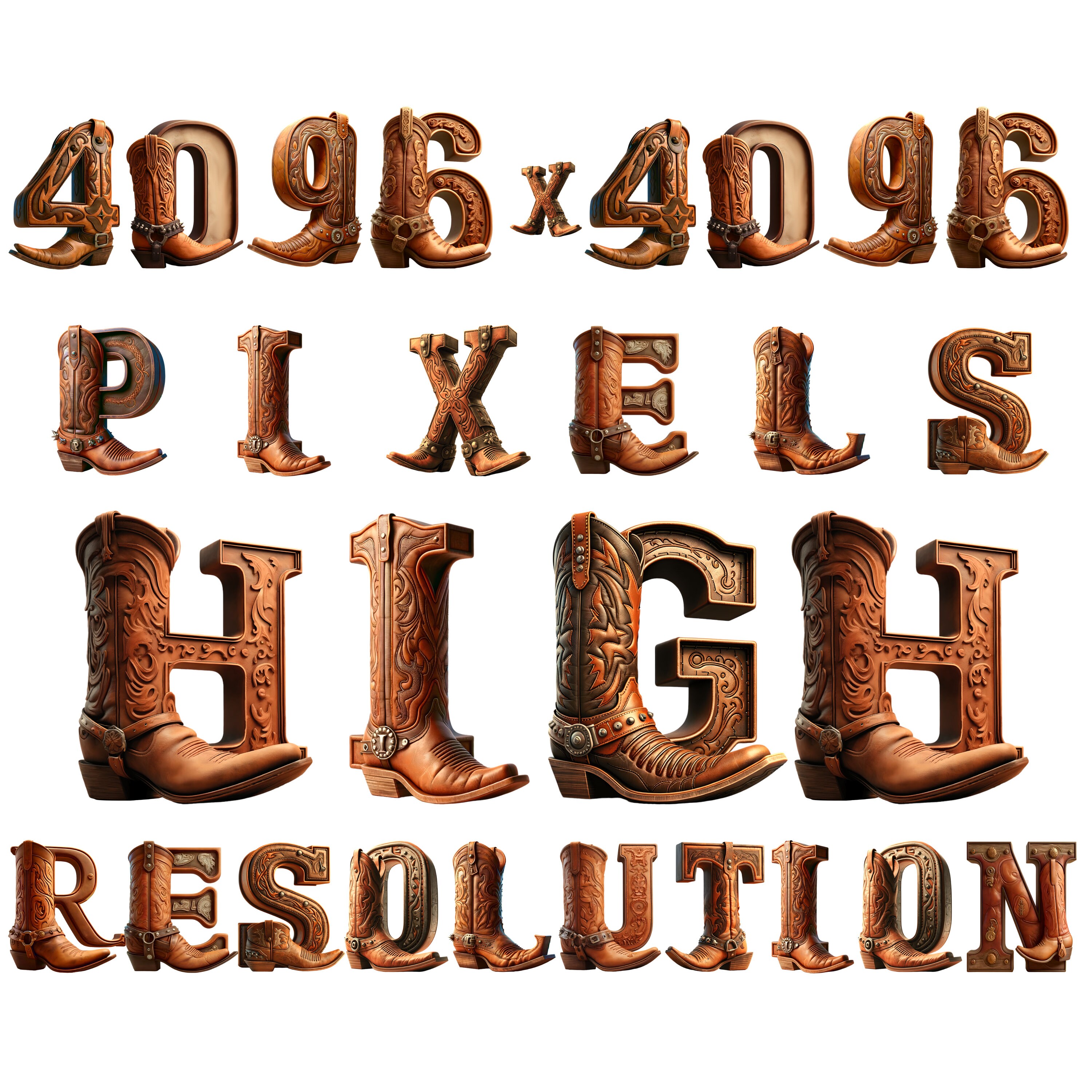 Western Font 3D PNG Letters, Cowboy Alphabet Set, Cowgirl Doodle Letter ...