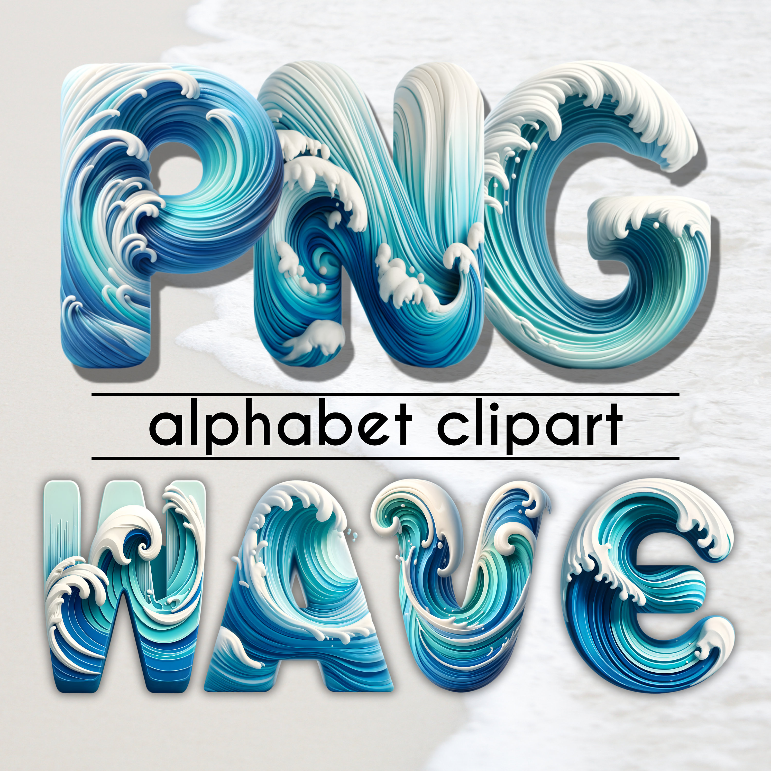 Ocean Wave Font 3D PNG Letters, Water Alphabet Set, Beach Doodle Letter ...