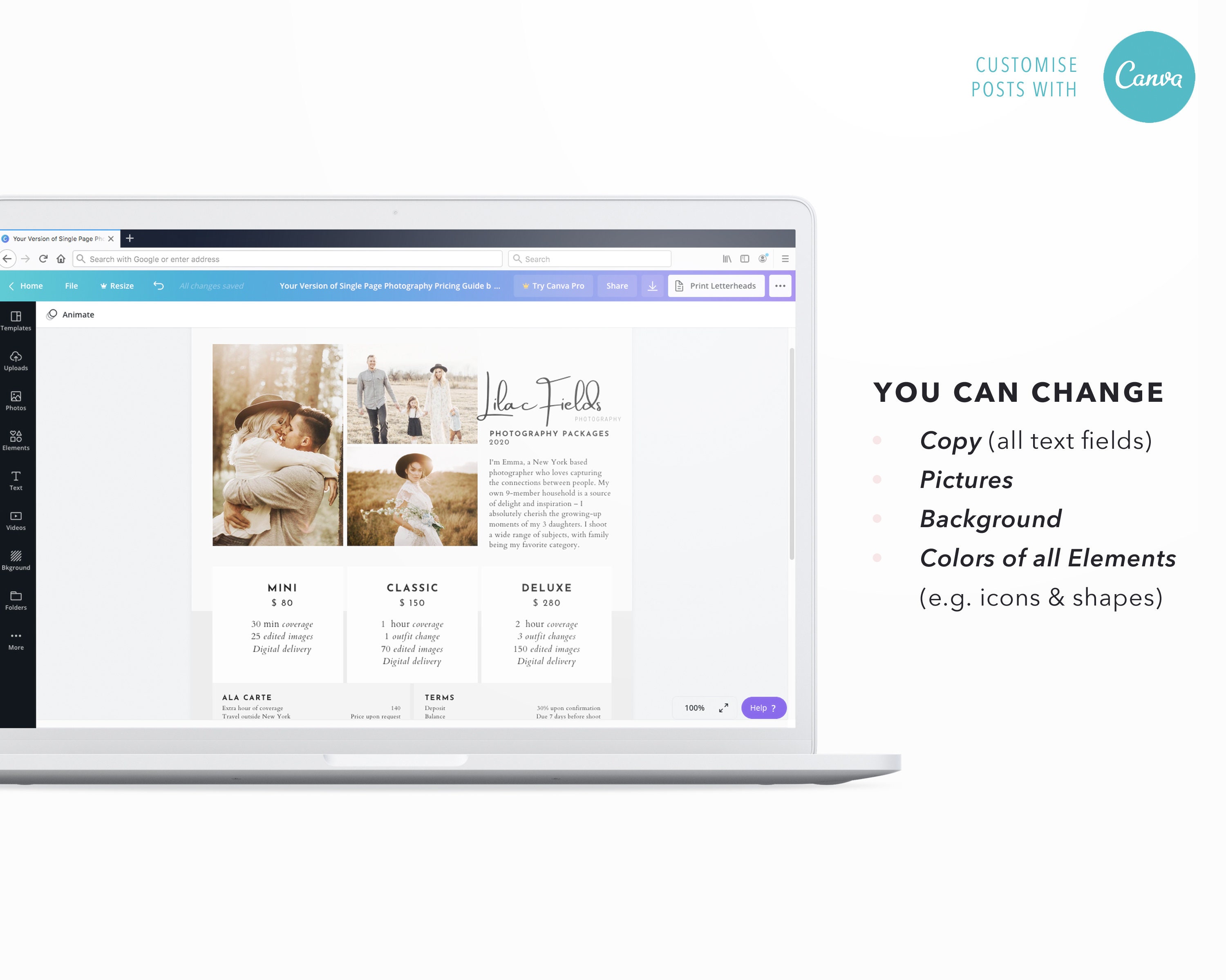 Single Page Photography Pricing Template Editable in Canva - Etsy