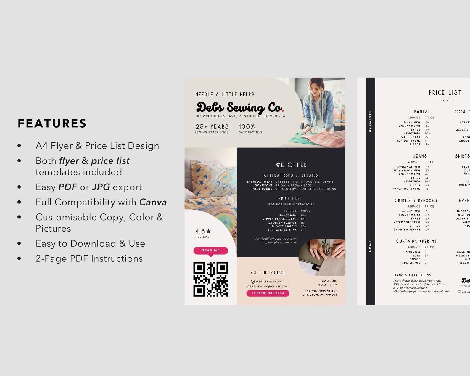 Seamstress A4 Price List & Flyer Template, Canva, Dressmaker, Sewing ...