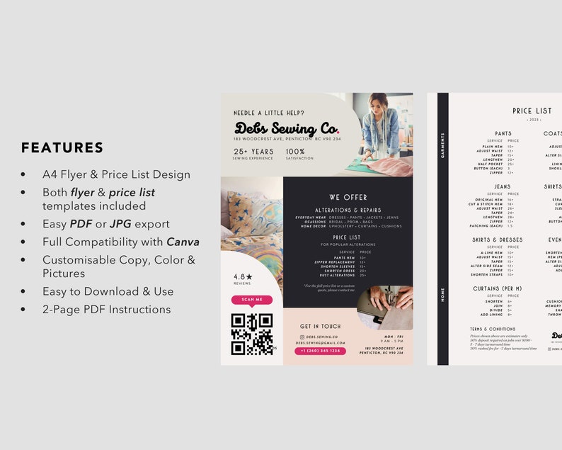 Seamstress A4 Price List & Flyer Template, Canva, Dressmaker, Sewing ...