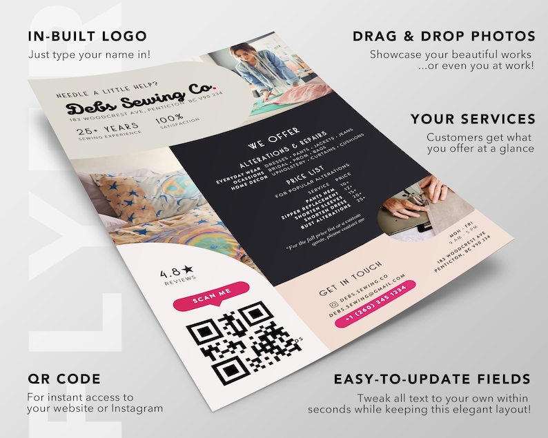 Seamstress A4 Price List & Flyer Template, Canva, Dressmaker, Sewing ...