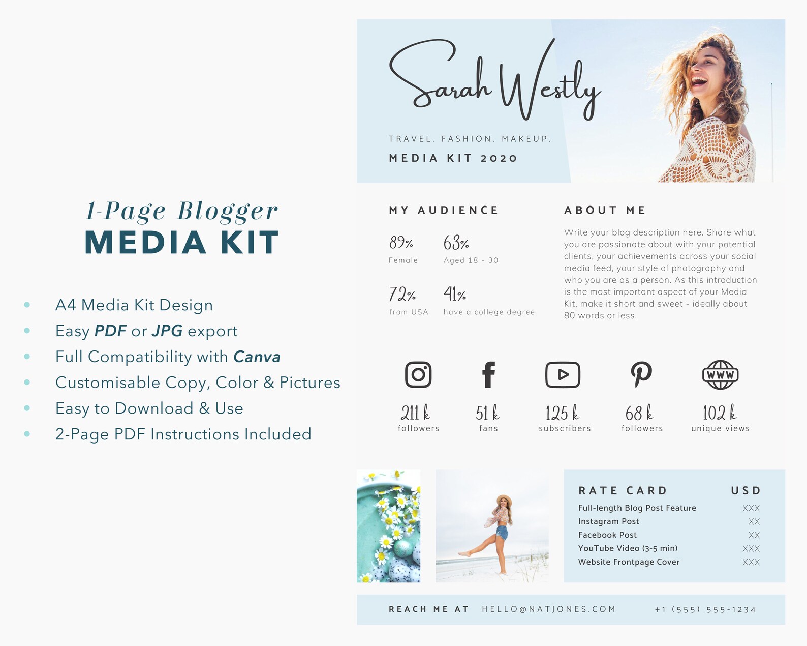 Classic Media Kit Template for Influencers & Bloggers, Single Page ...