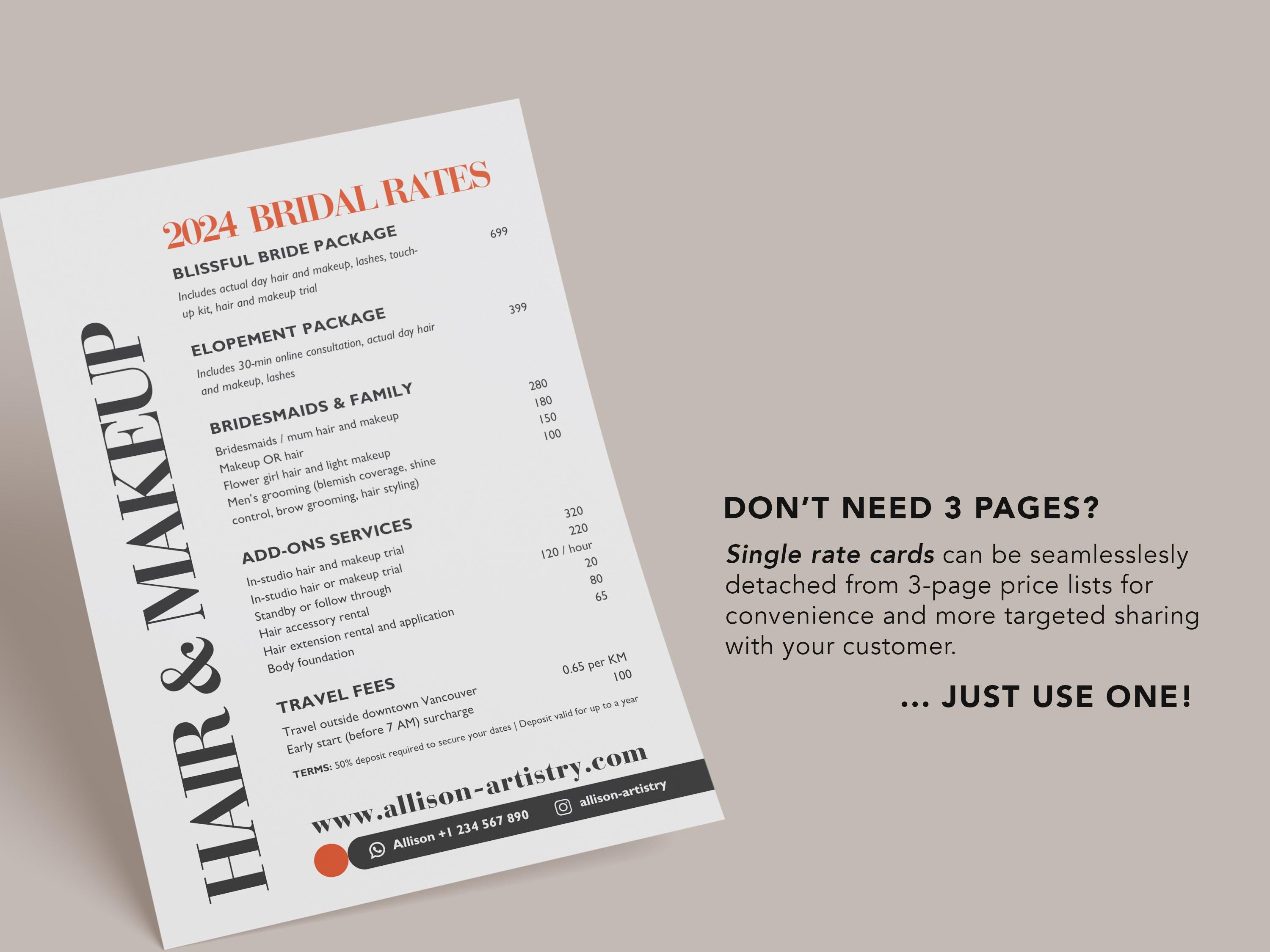 Hair & Makeup Price List and Flyer Template, Canva, Rate Card, MUA ...