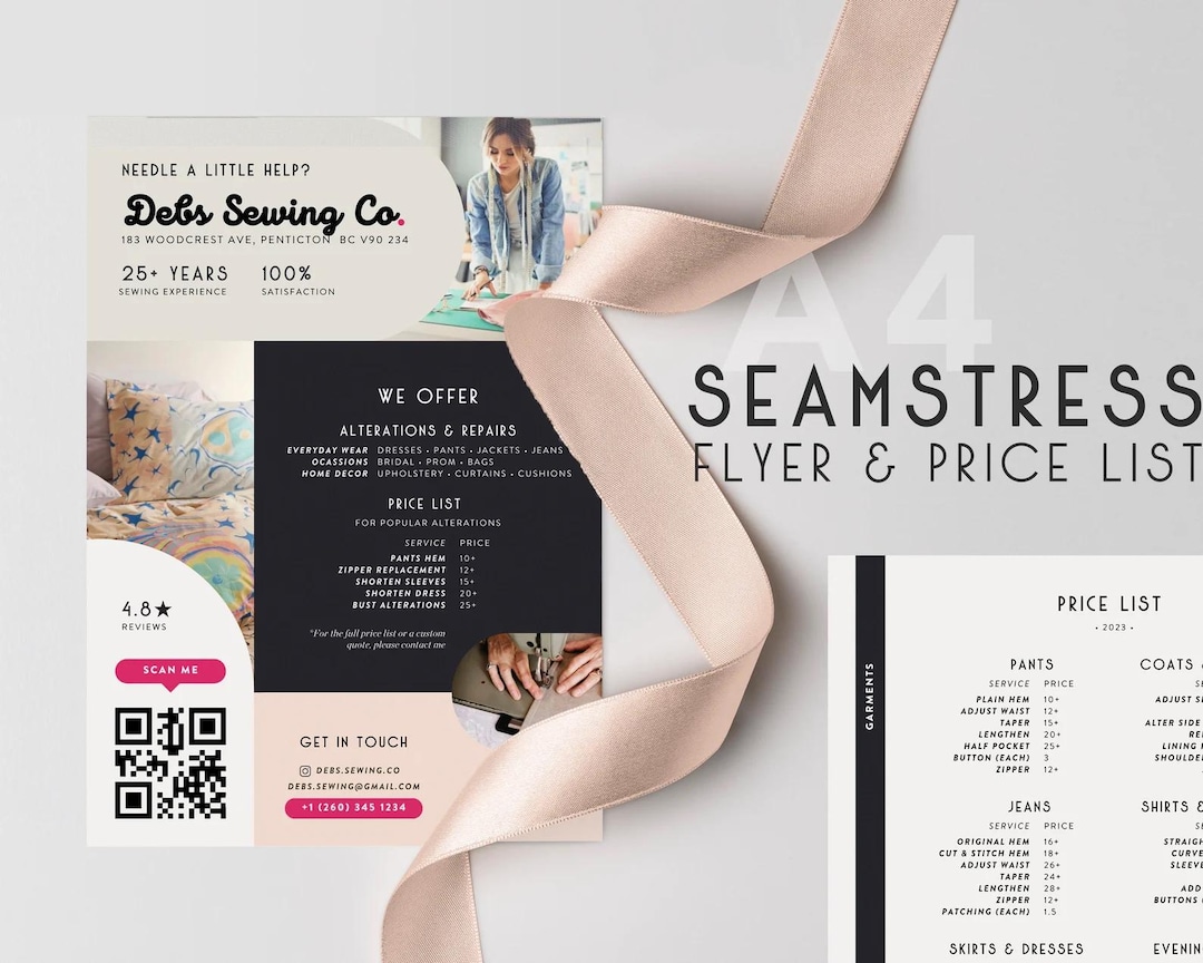 Seamstress A4 Price List & Flyer Template, Canva, Dressmaker, Sewing ...