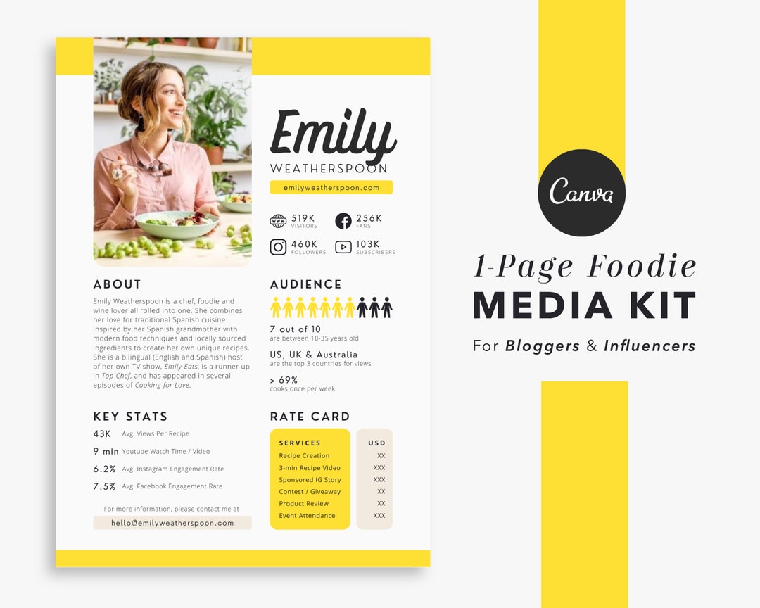 Foodie Media Kit Template, Single Page, Canva, Rate Card, Press Kit ...