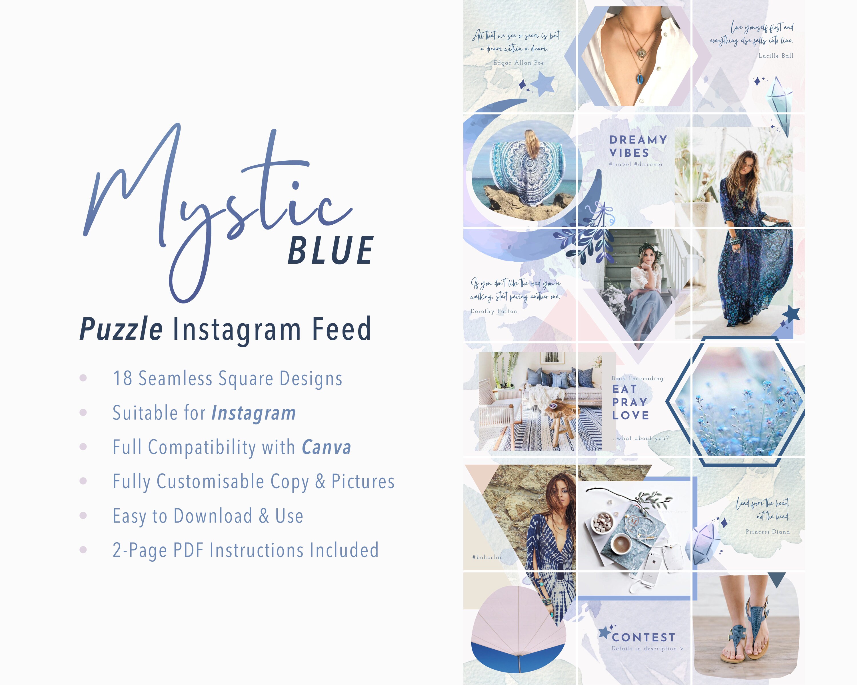 Mystic Blue 18 Instagram Puzzle Feed Post Templates, Editable in Canva ...