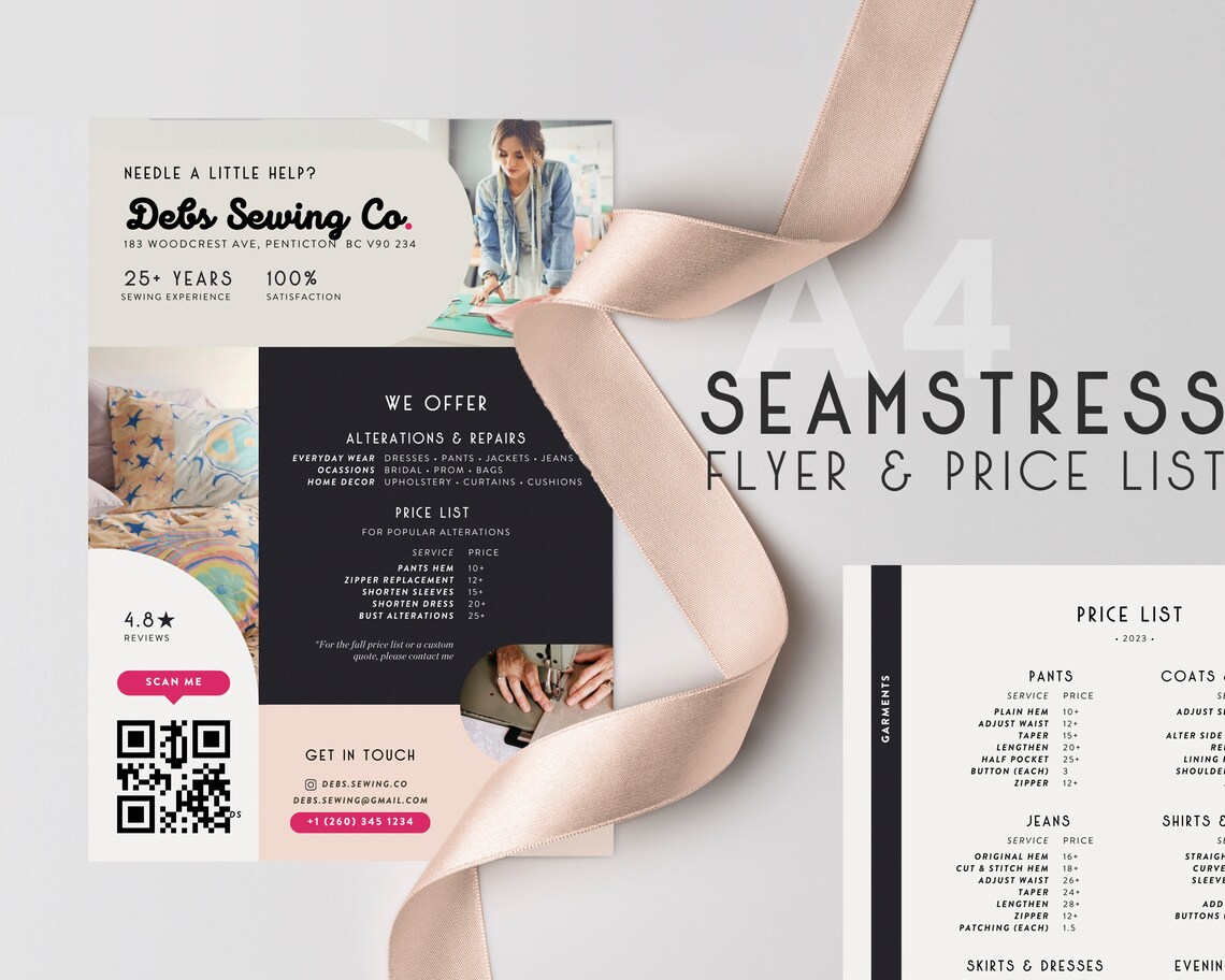 Seamstress A4 Price List & Flyer Template, Canva, Dressmaker, Sewing ...