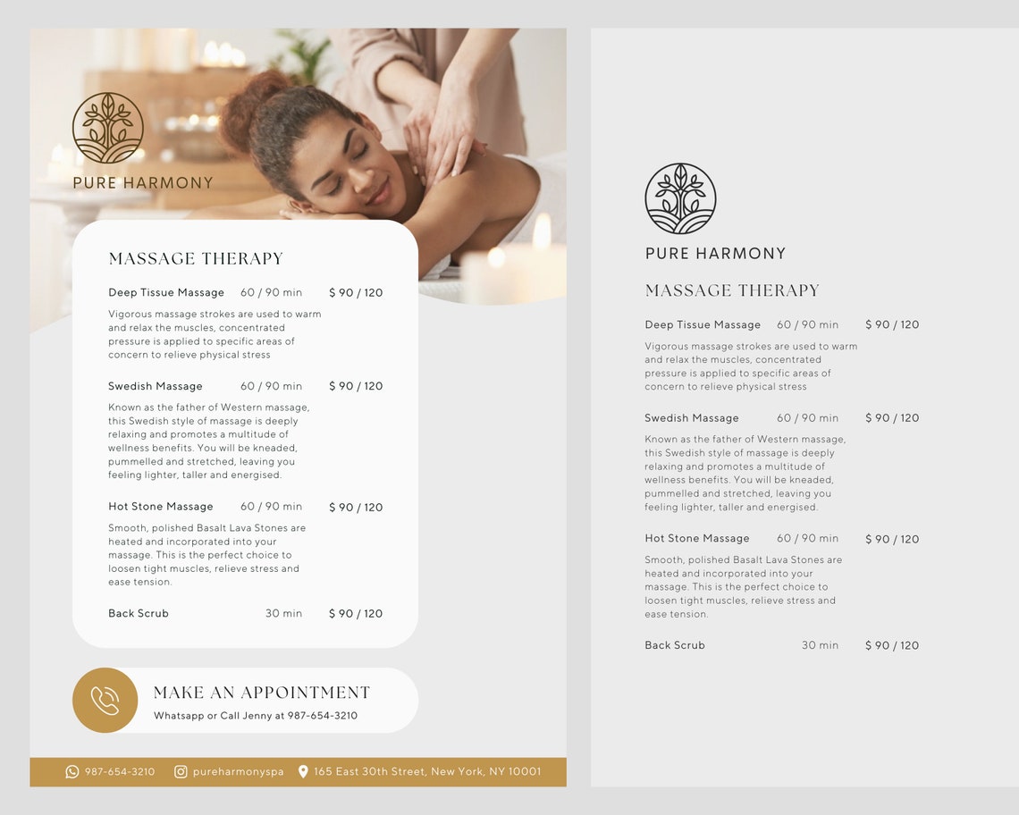Massage Spa Price List & Flyer Template, Canva, Rate Card, Spa ...