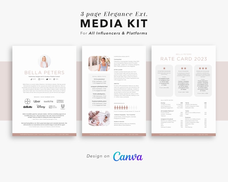 3-page Influencer Media Kit Template, Canva, Rate Card, Press Kit ...
