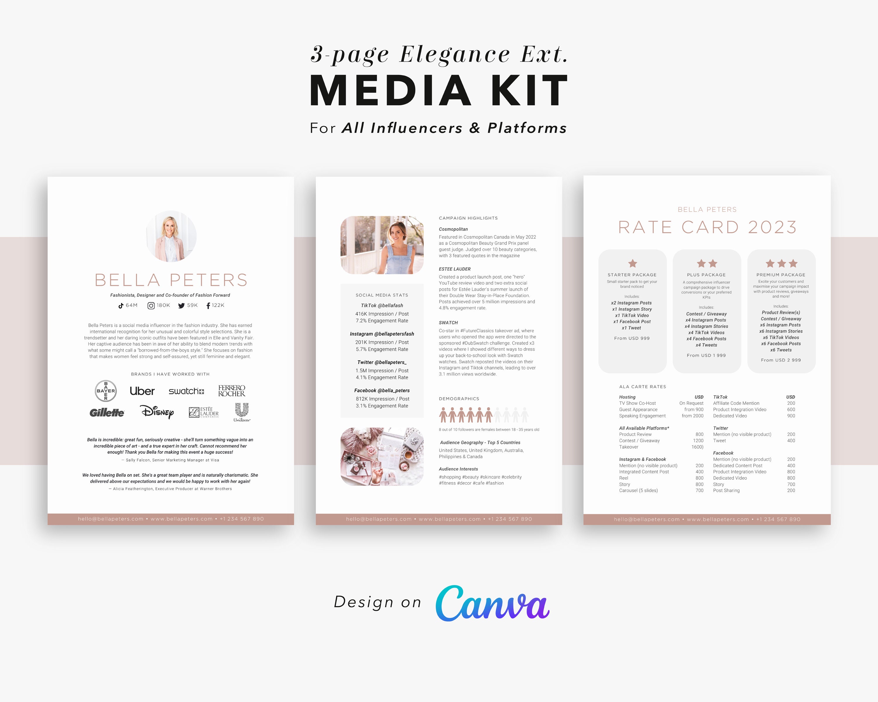 3-page Influencer Media Kit Template, Canva, Rate Card, Press Kit ...