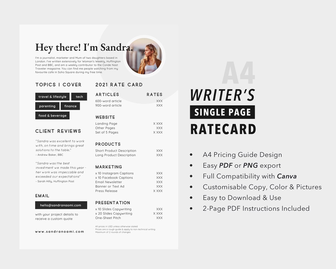 Writer's Single Page Rate Card Template, Editable in Canva, Price List ...