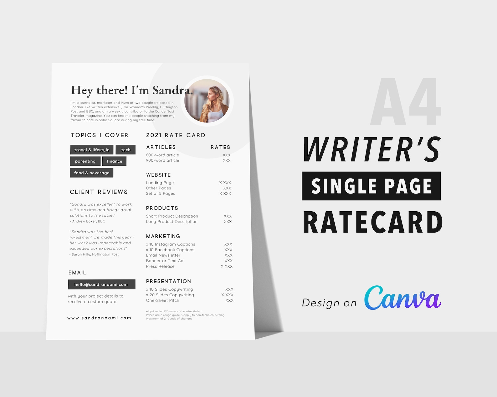 Writer's Single Page Rate Card Template, Editable in Canva, Price List ...