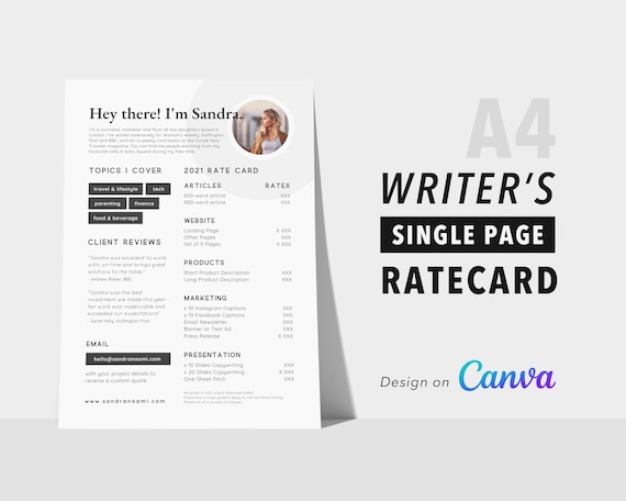 Writer's Single Page Rate Card Template Editable in | Etsy