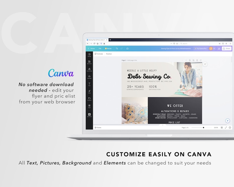 Seamstress A4 Price List & Flyer Template, Canva, Dressmaker, Sewing ...