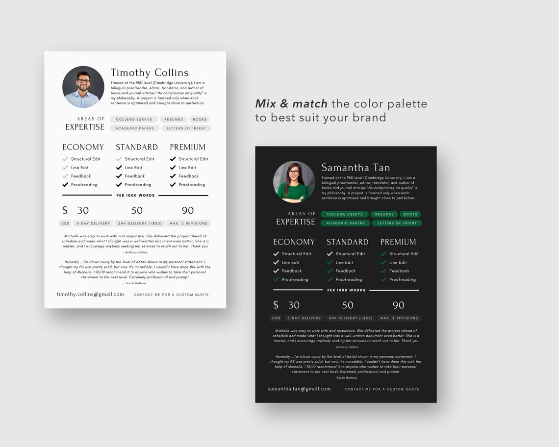 Proofreader's Single Page Rate Card Template, Editable in Canva, Price List, Pricing Guide ...