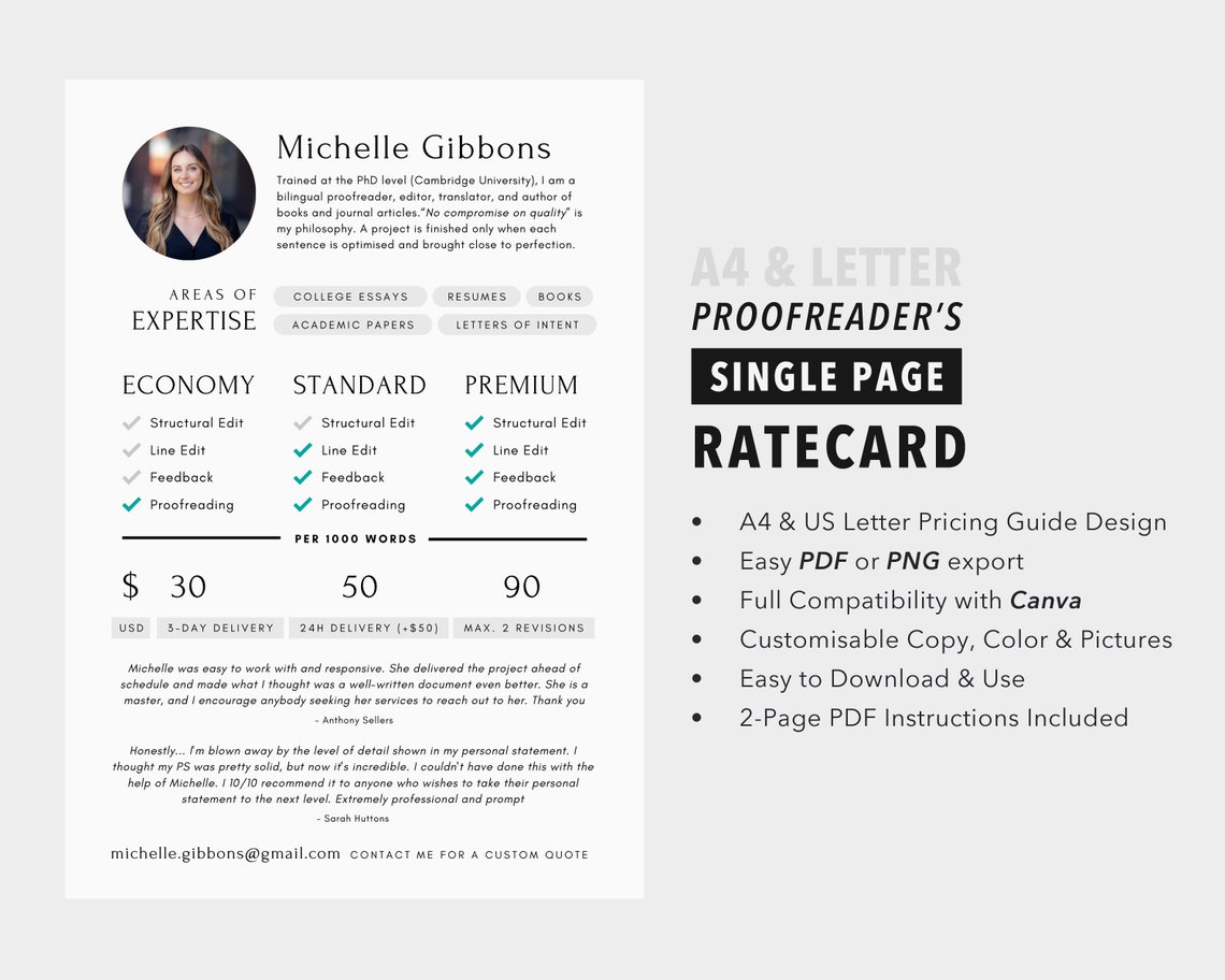Proofreader's Single Page Rate Card Template, Editable in Canva, Price List, Pricing Guide ...