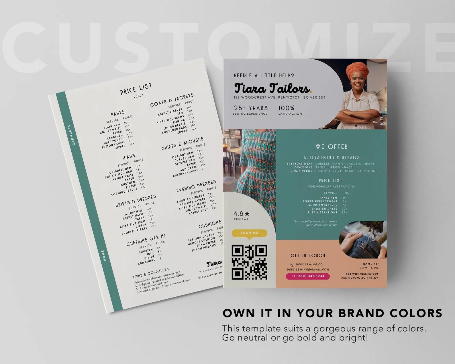 Seamstress A4 Price List & Flyer Template, Canva, Dressmaker, Sewing ...