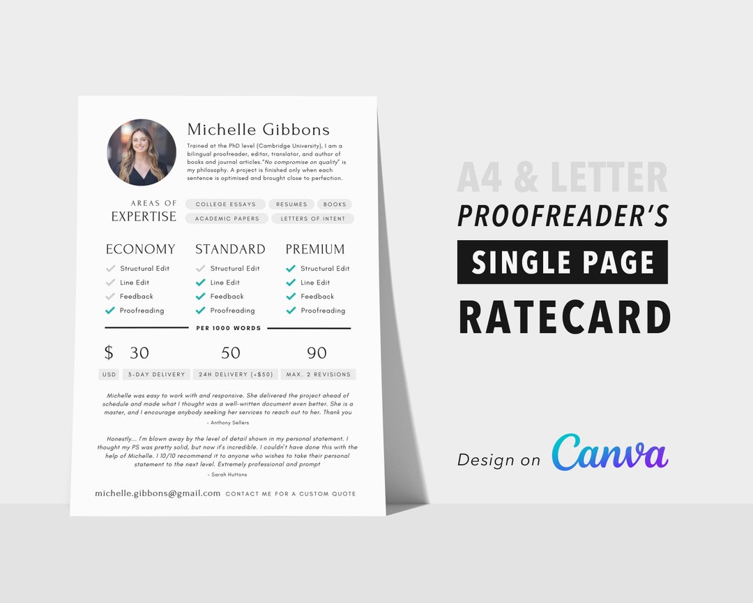 Proofreader's Single Page Rate Card Template, Editable in Canva, Price ...