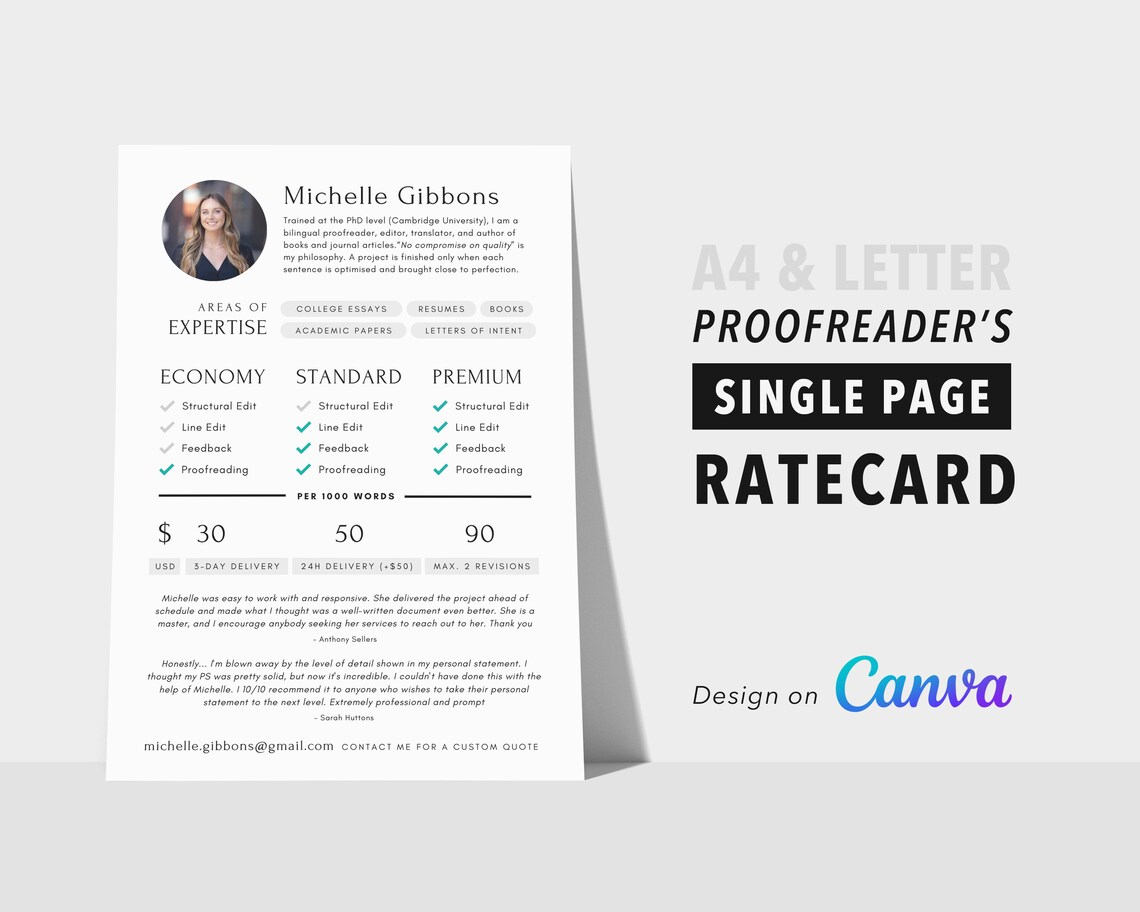 Proofreader's Single Page Rate Card Template, Editable in Canva, Price List, Pricing Guide ...
