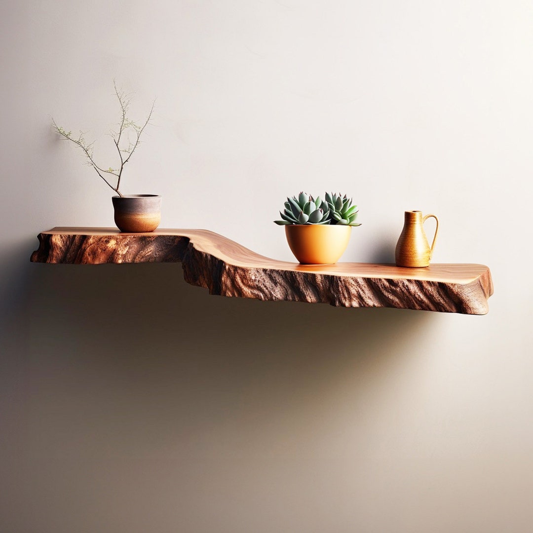Wavy Shelf Live Edge Floating Shelves Solid Wood Wall Mount Bookshelf ...