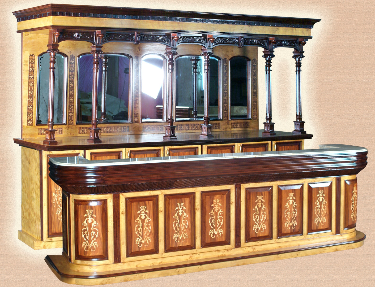 11ft Inlaid Beechwood / Walnut Custom Home Bar With Marble Top - Bar ...