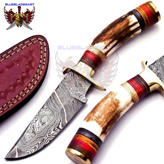 8 Inch Damascus Steel Hunting Knife Handle Deer Antler W - Etsy