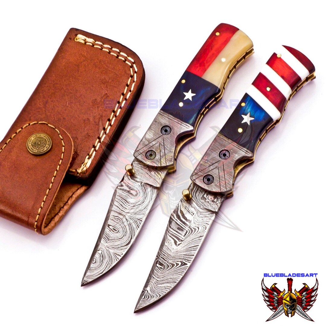 Personalized Set of 2 American Flag Damascus Folding Knife - Etsy