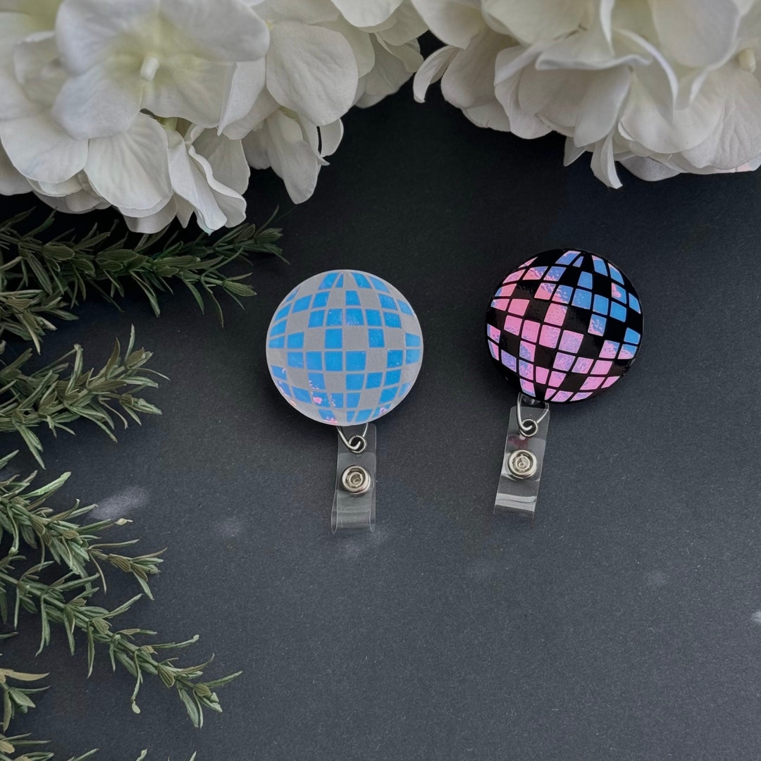 Retro Holographic Disco Ball Badge Reel | Groovy ID Holder - Etsy