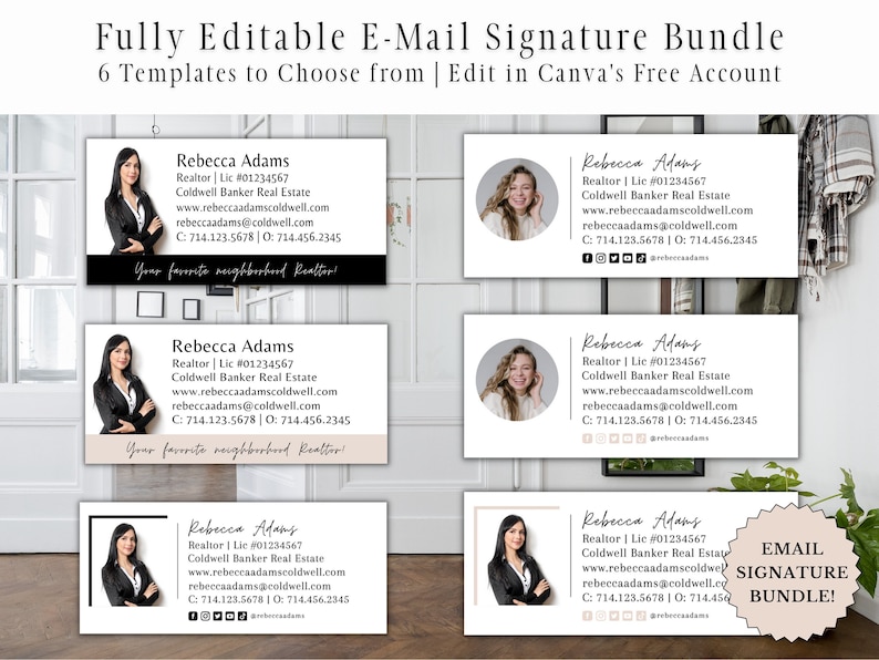 Editable Email Signature Template Bundle: Real Estate, Pink Theme ...
