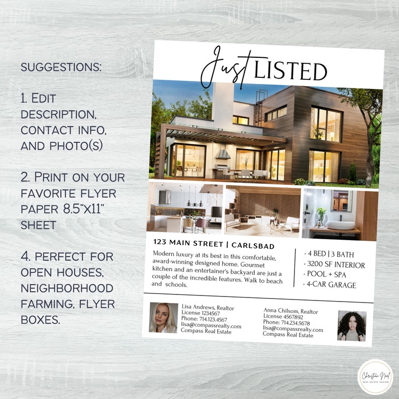 JUST LISTED Two Sided Flyer Template, Real Estate Printable, Realtor ...