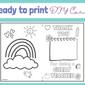 Printable Thank You Teacher Colour in Card and Envelope, Happy Teacher ...