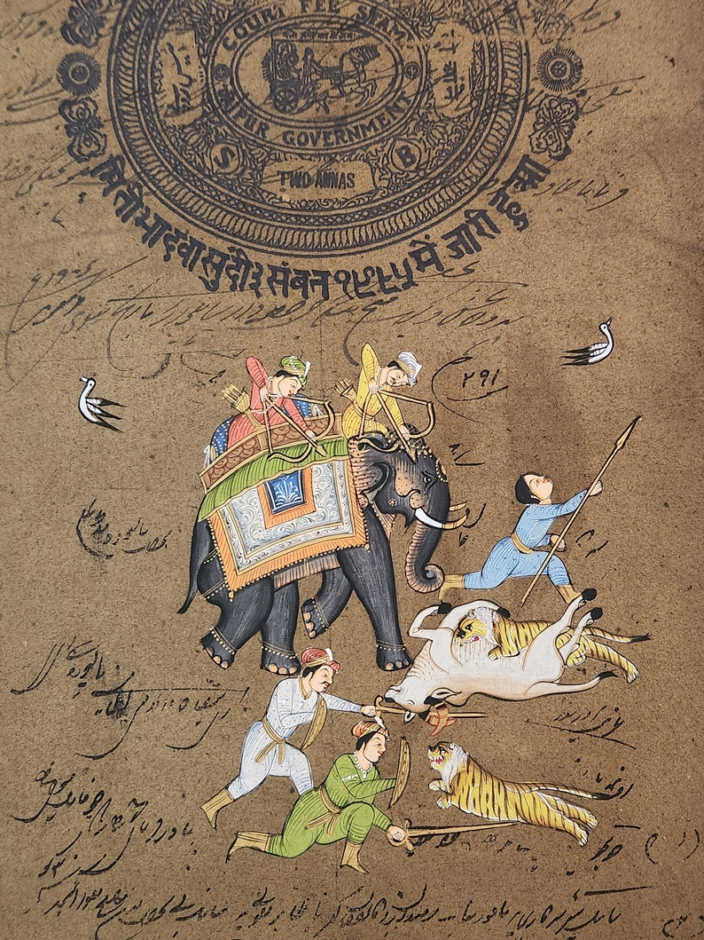 Mughal Hunting Scene Miniature Painting: Vintage Indian Art on Stamp ...