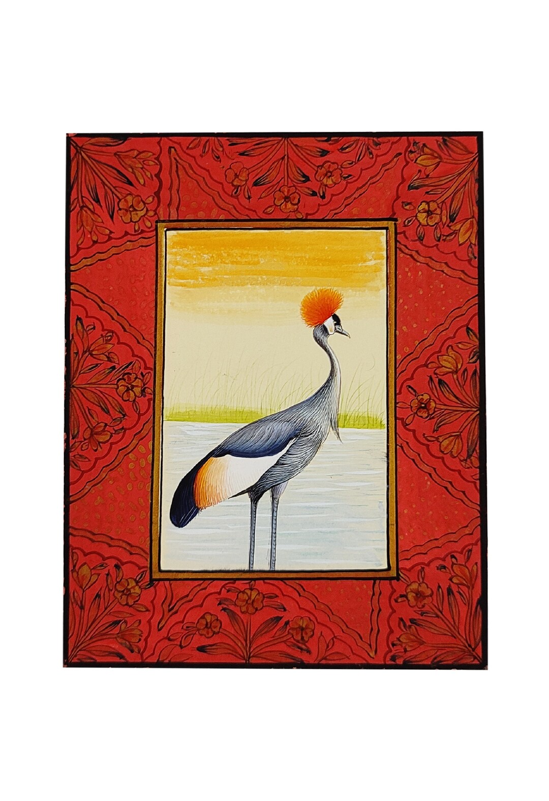 Grey Crowned Crane Handmade Painting on Paper 3.5 Inch X 4.5 Inch L ...